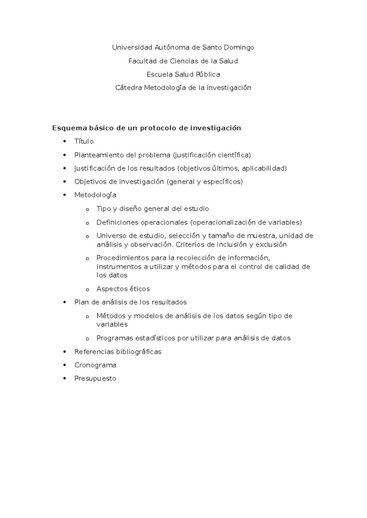 Esquema básico de un protocolo de investigación - Universidad Autónoma de Santo Domingo Facultad ...