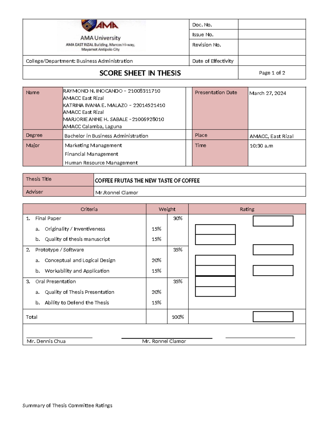 Score sheet - Doc. No. Issue No. Revision No. College/Department ...