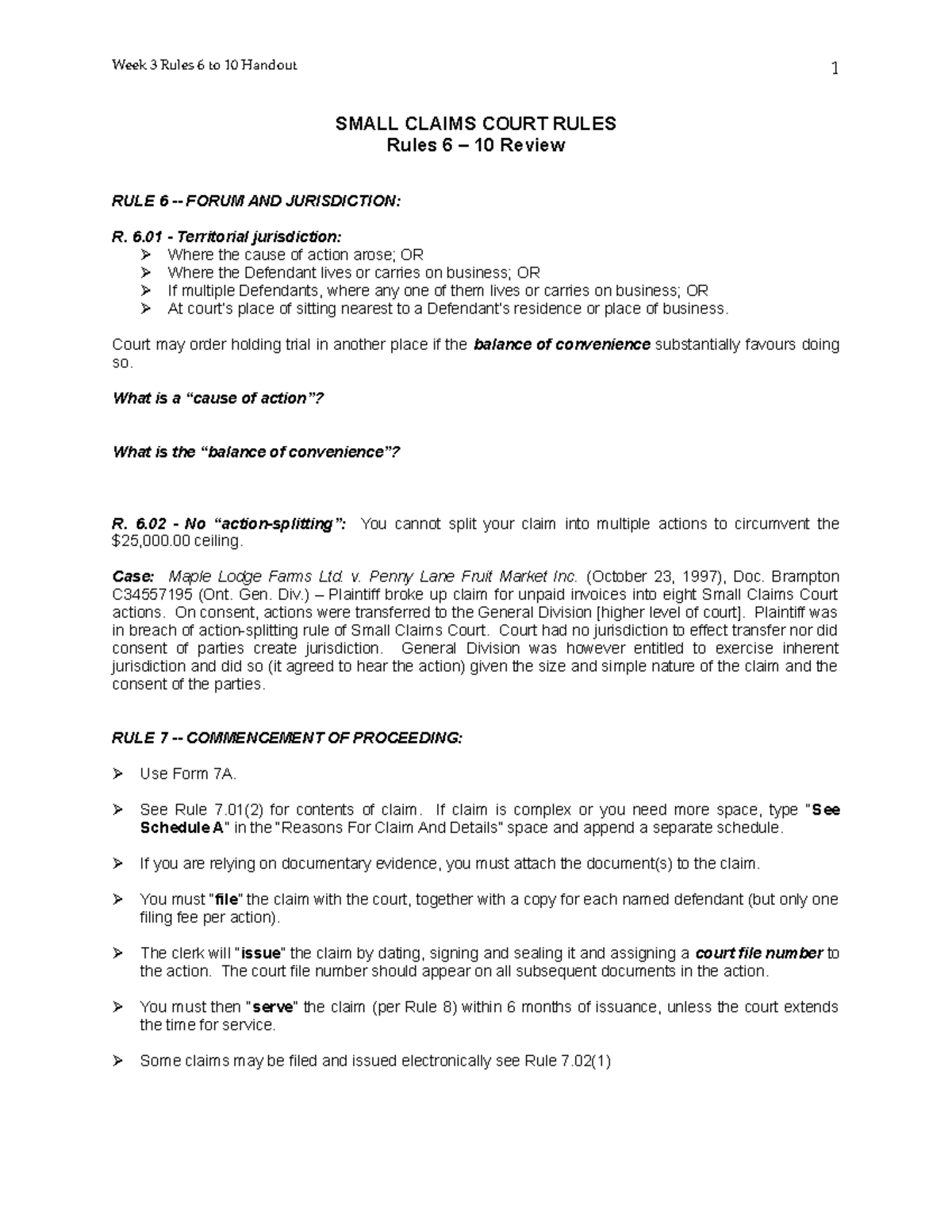 Rules 6 to 10 - I had Martin for this course. - SMALL CLAIMS COURT ...