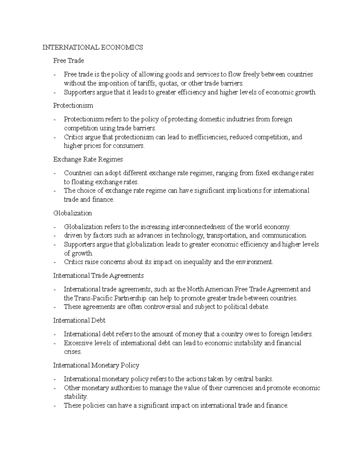 International Economics Notes 2 - INTERNATIONAL ECONOMICS Free Trade ...