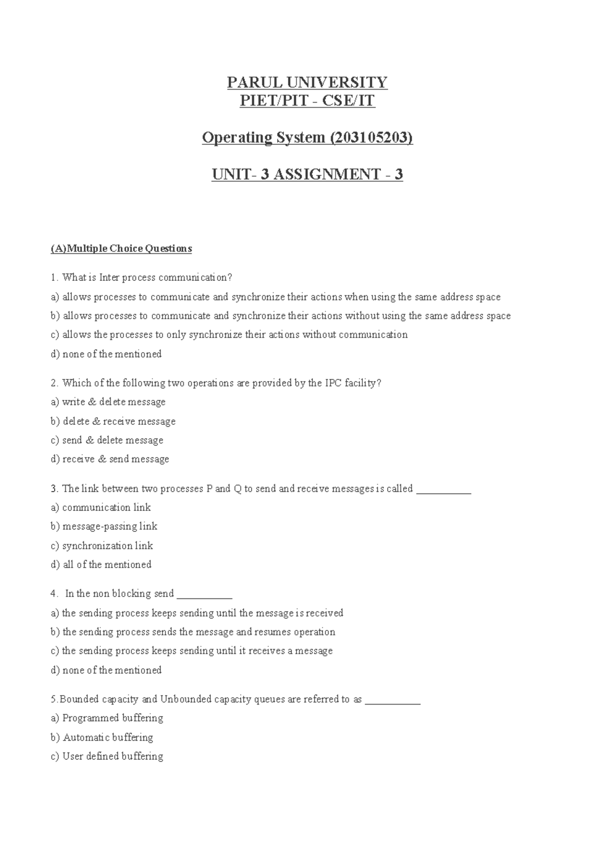 Assignment 3 Os Parul University Pietpit Cseit Operating System