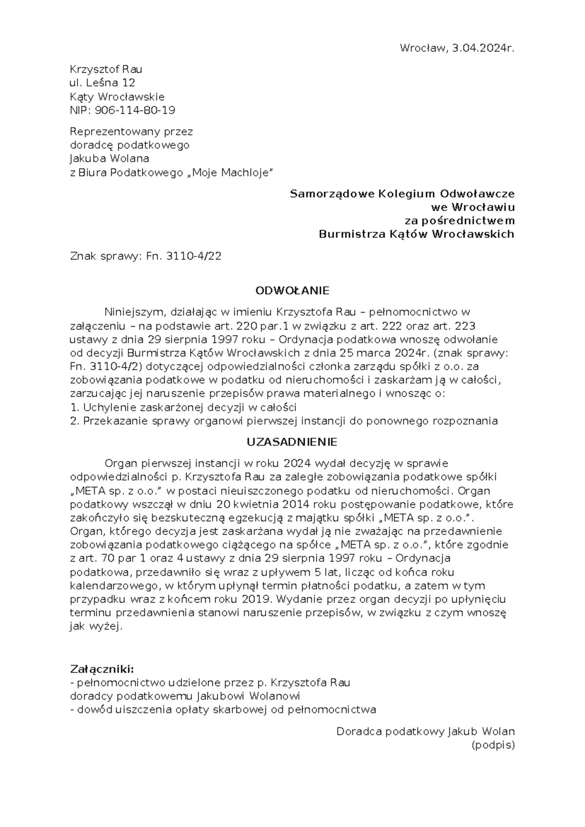 Odwo - Przykładowe odwołanie od decyzji organu podatkowego - prawo finansowe - Wrocław, 3.04 ...