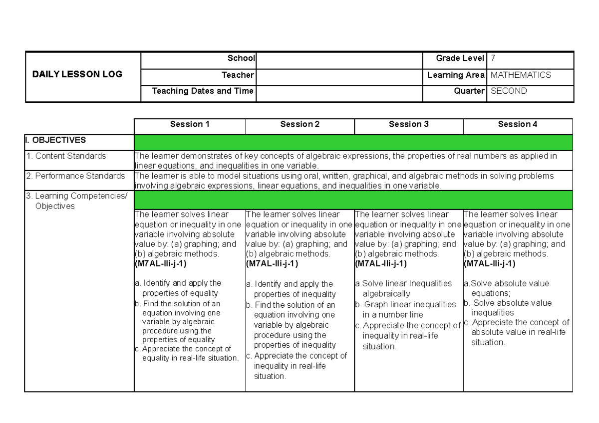 WEEK 9 - Daily Lesson Log Grade 7 Mathematics Quarter 2 - DAILY LESSON ...