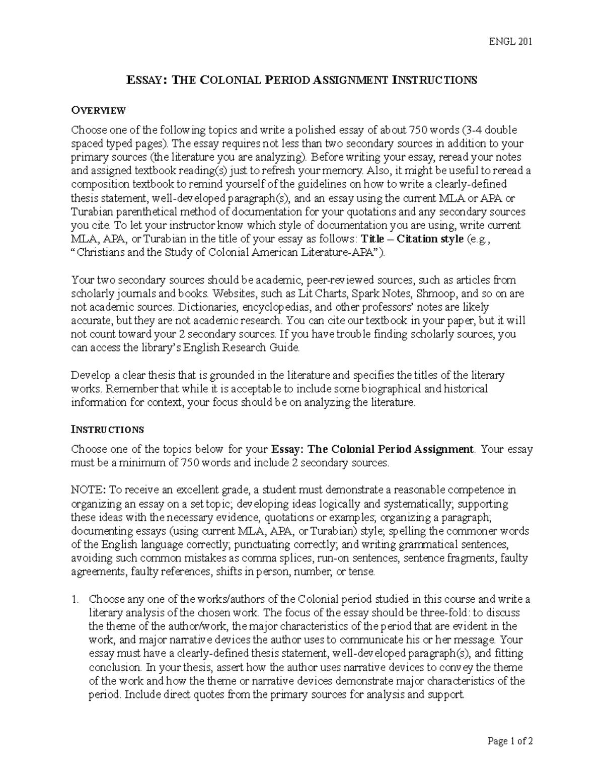 Notes the continual period - ENGL 201 ESSAY: THE COLONIAL PERIOD ...