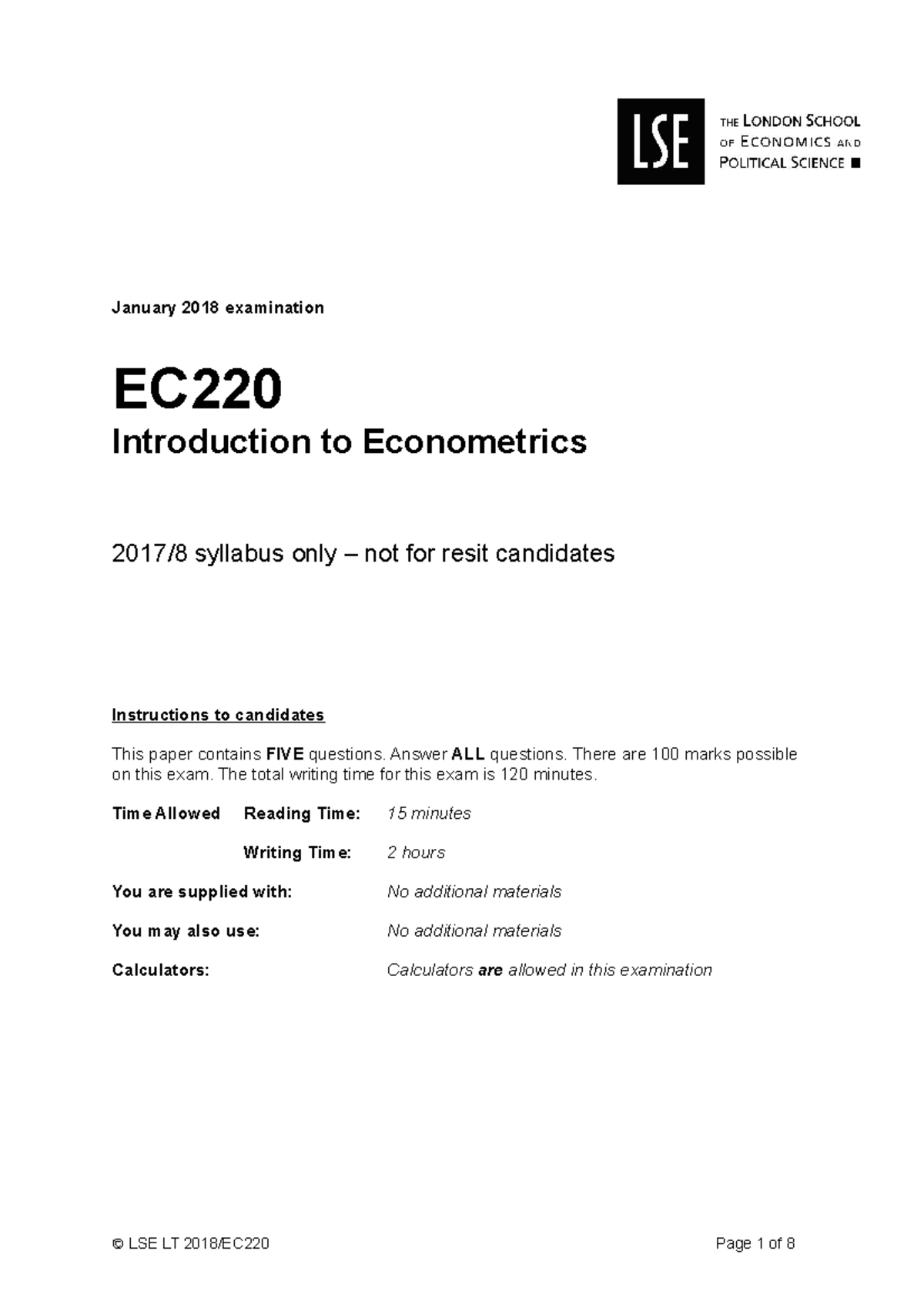 EC220 LT - January 2018 examination EC220 Introduction to Econometrics 2017/8 syllabus only ...