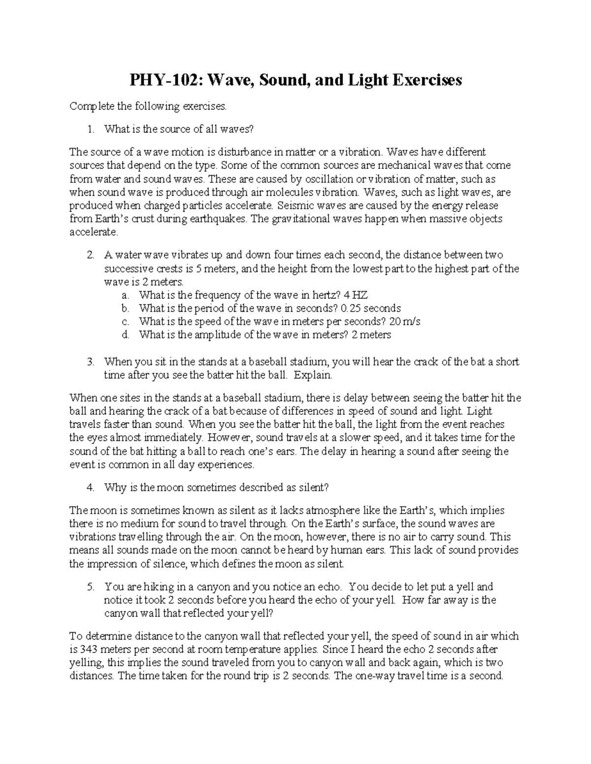 Wave Soundand Light Exercises AW - PHY-102: Wave, Sound, and Light ...