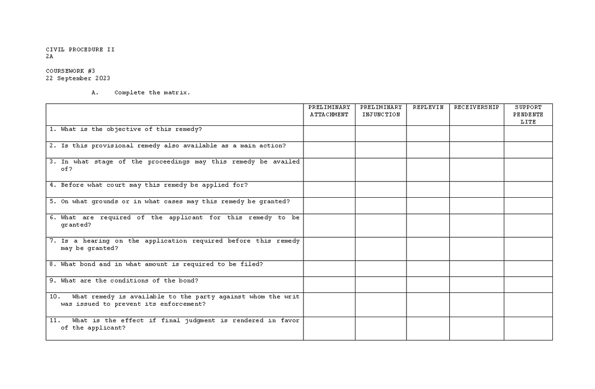 Coursework 3 2A Sept 22 - c oursework civ pro - CIVIL PROCEDURE II 2A ...