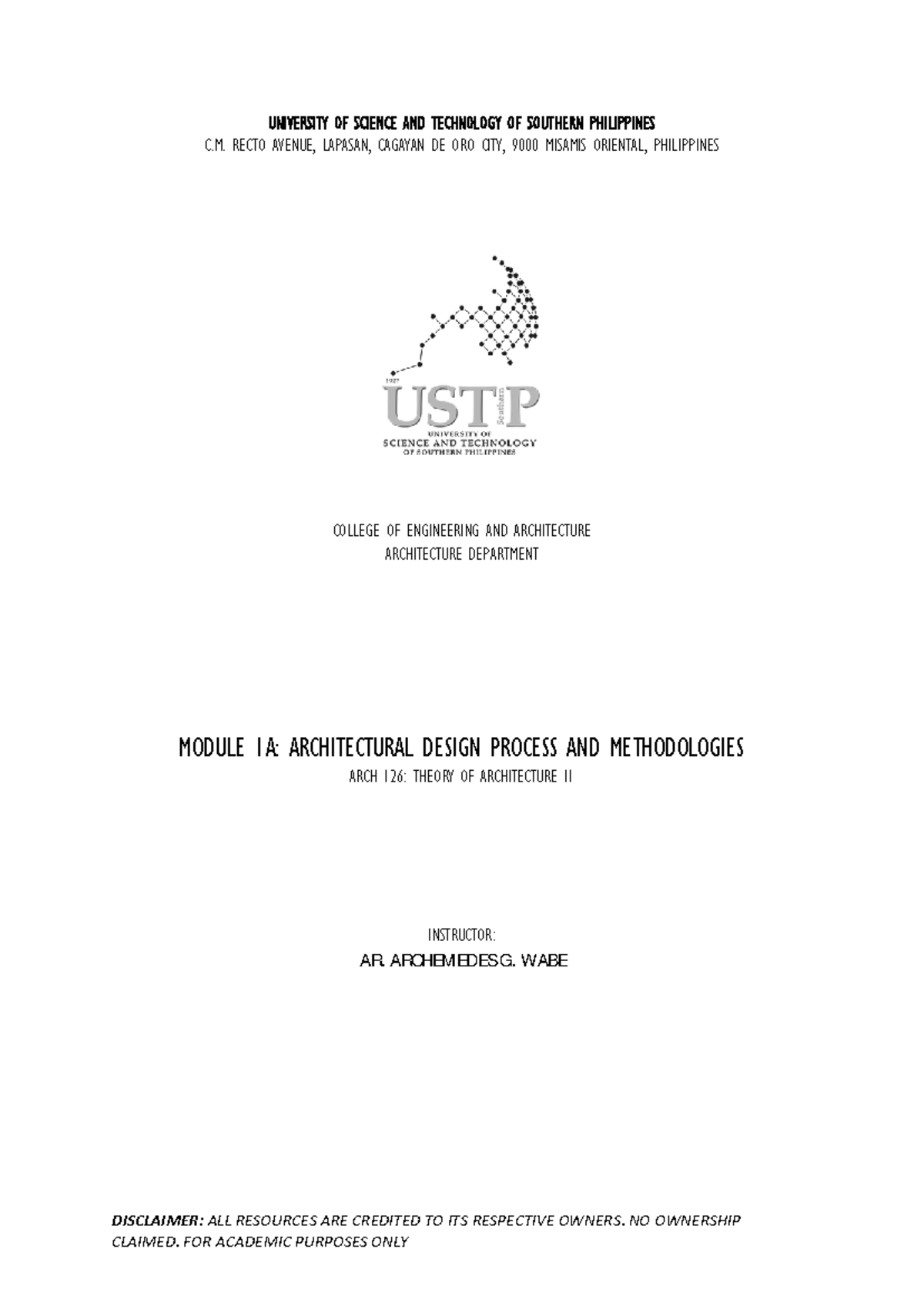 TOA2- Module 1A Handout - DISCLAIMER: ALL RESOURCES ARE CREDITED TO ITS ...