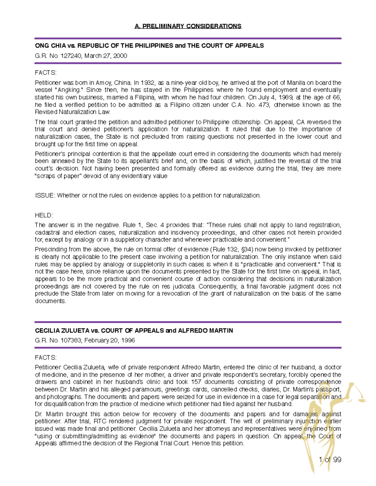 Pdf-evidence-case-digests compress - A. PRELIMINARY CONSIDERATIONS ONG ...