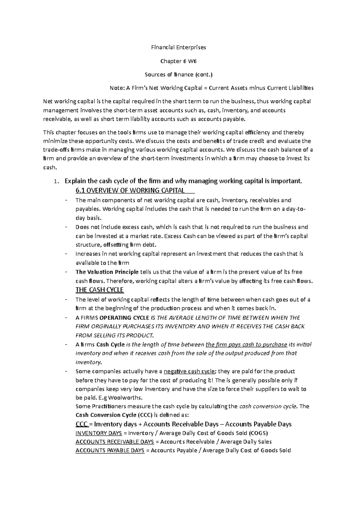 Financial Enterprises Tut 6 notes - Financial Enterprises Chapter 6 W6 ...