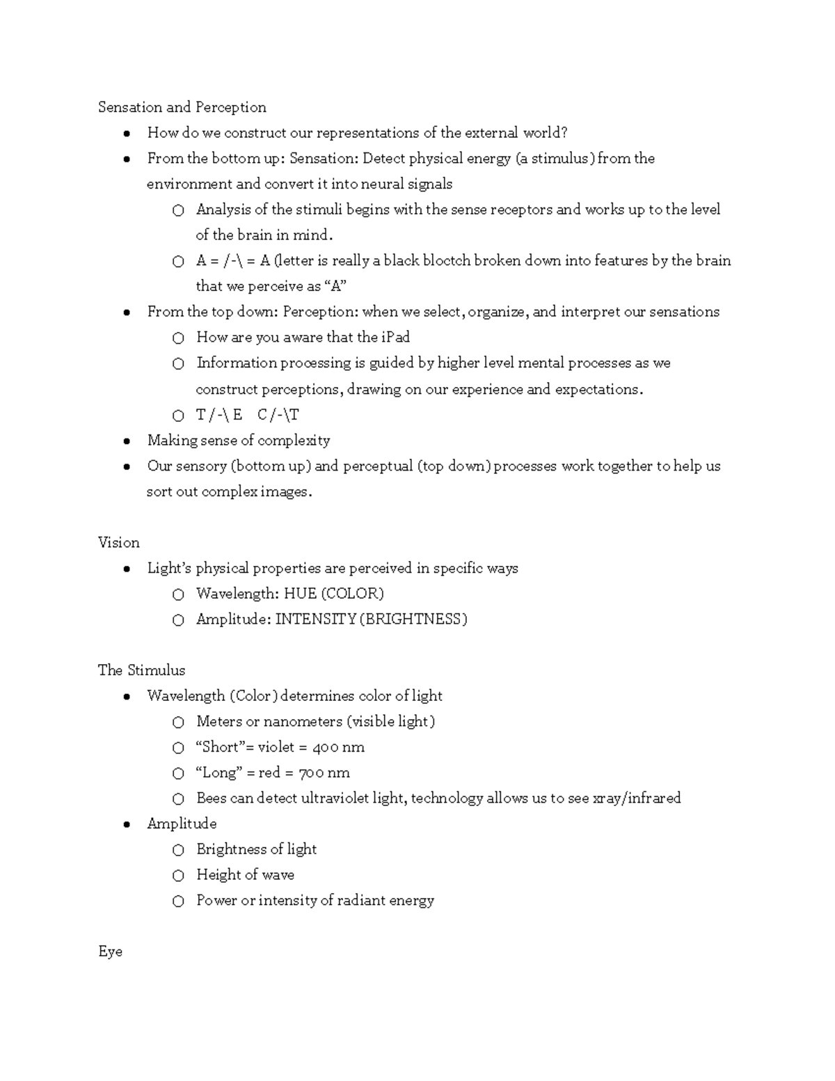 Psych 10 3 22 Vision - Lecture notes based on the lectures and textbook ...