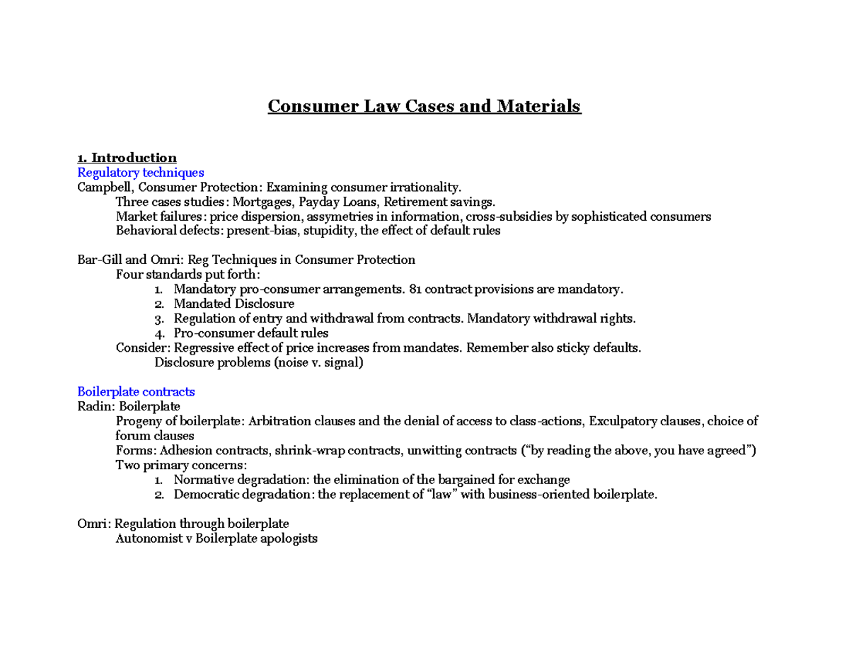 Consumer Law Outline - Consumer Law Cases and Materials Introduction ...