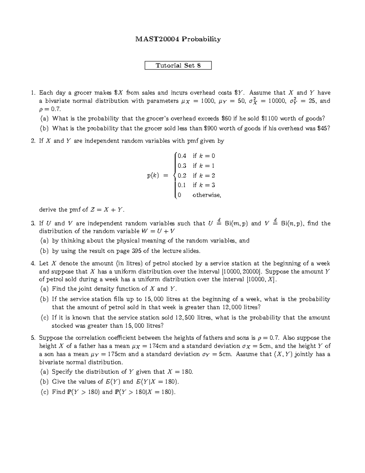 Tutorial 8 Questions 2020 S2 - MAST20004 Probability Tutorial Set 8 1 ...