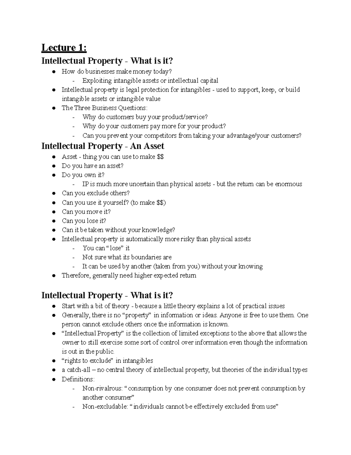 Law 601 Notes - Lecture 1: Intellectual Property - What is it? How do ...