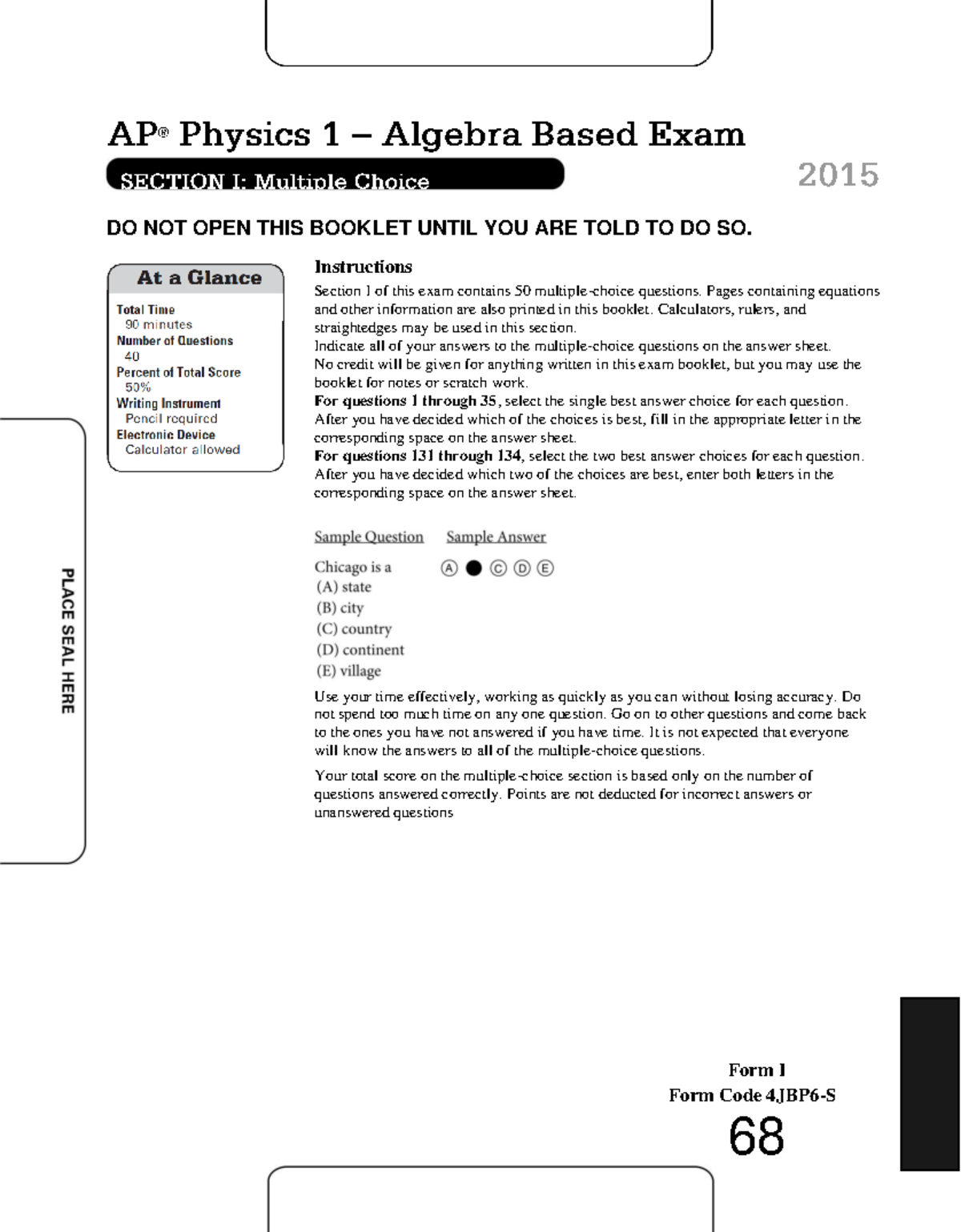 2015 AP Physics 1 Exam MCQ Multiple Choice Questions with Answers ...