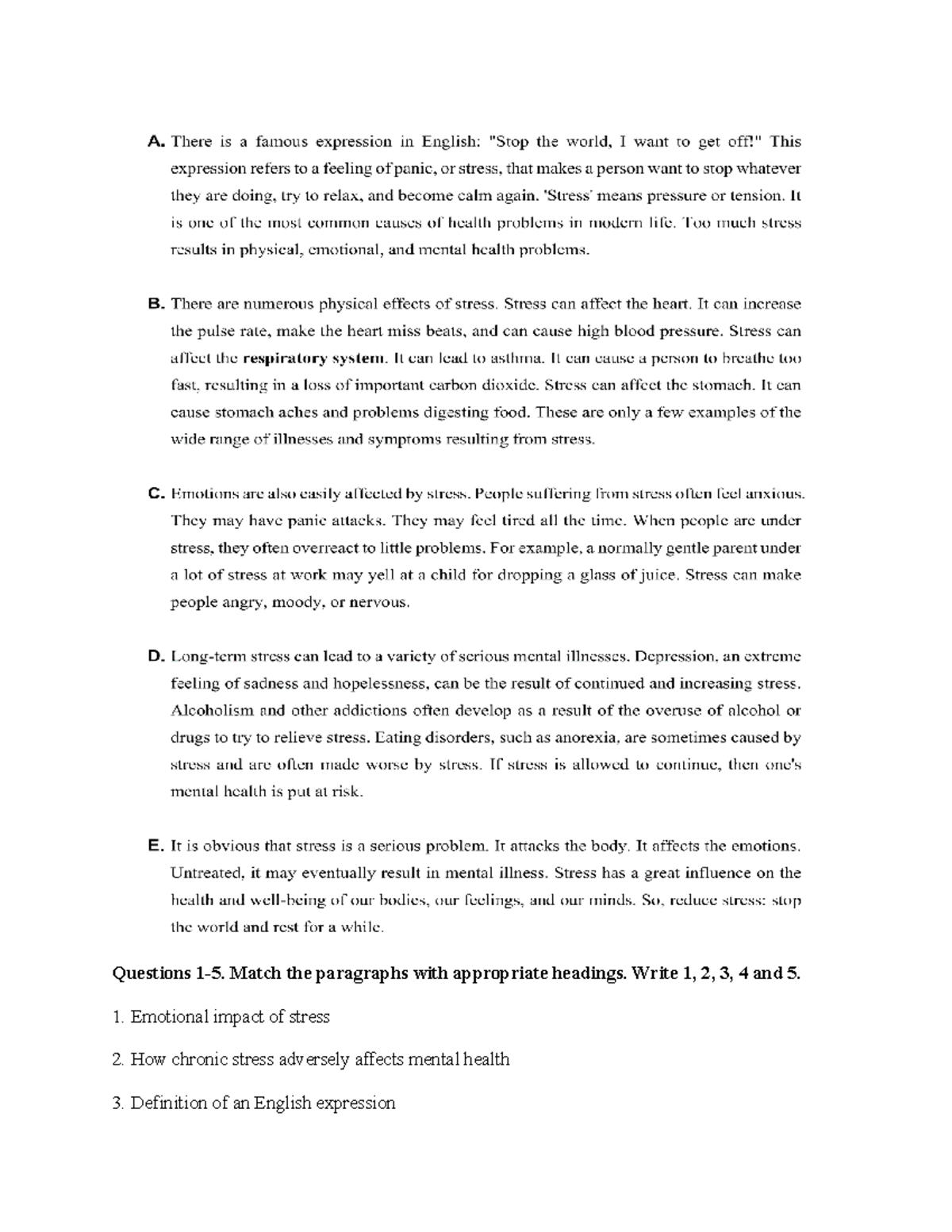 Reading practice 2 - Questions 1-5. Match the paragraphs with ...