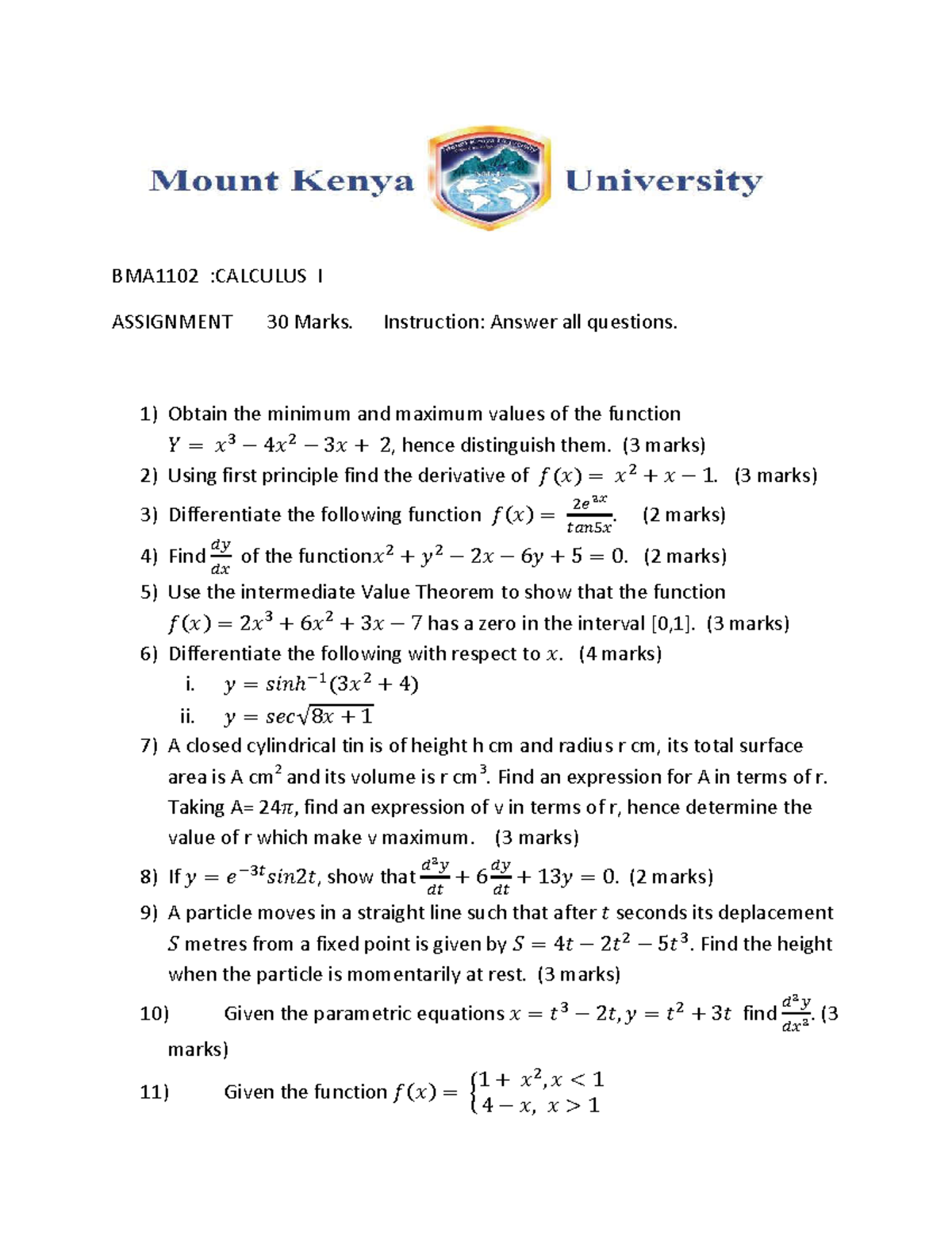 BMA1102 Calculus I Assignment - BMA1102 :CALCULUS I ASSIGNMENT 30 Marks ...