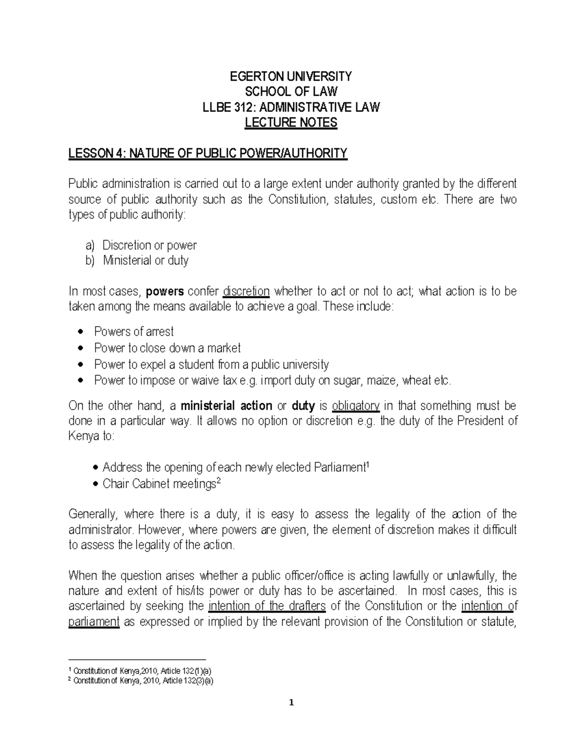 Lesson 4 -nature of power - EGERTON UNIVERSITY SCHOOL OF LAW LLBE 312 ...