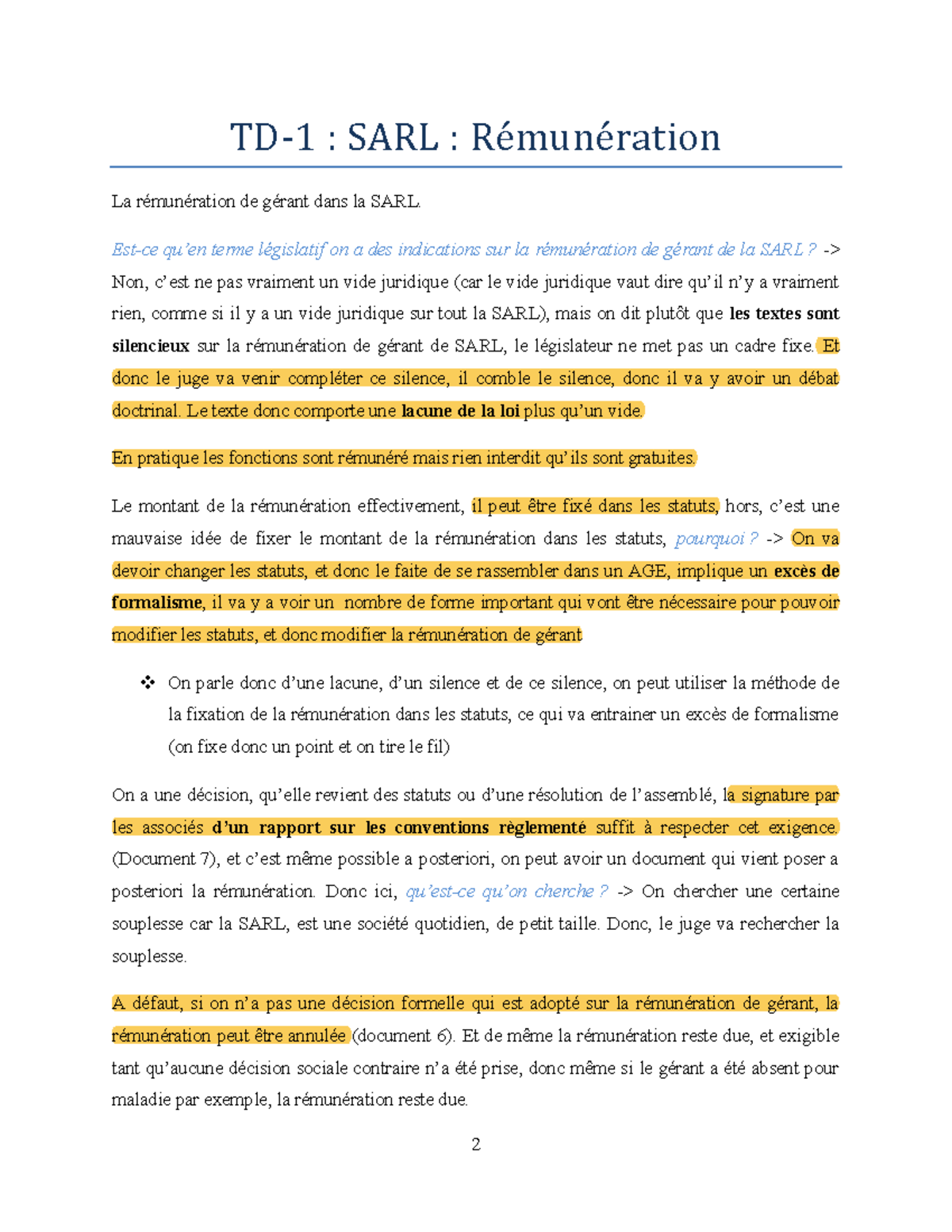 Notes TD societe II Mogama 3a - TD-1 : SARL : Rémunération La ...