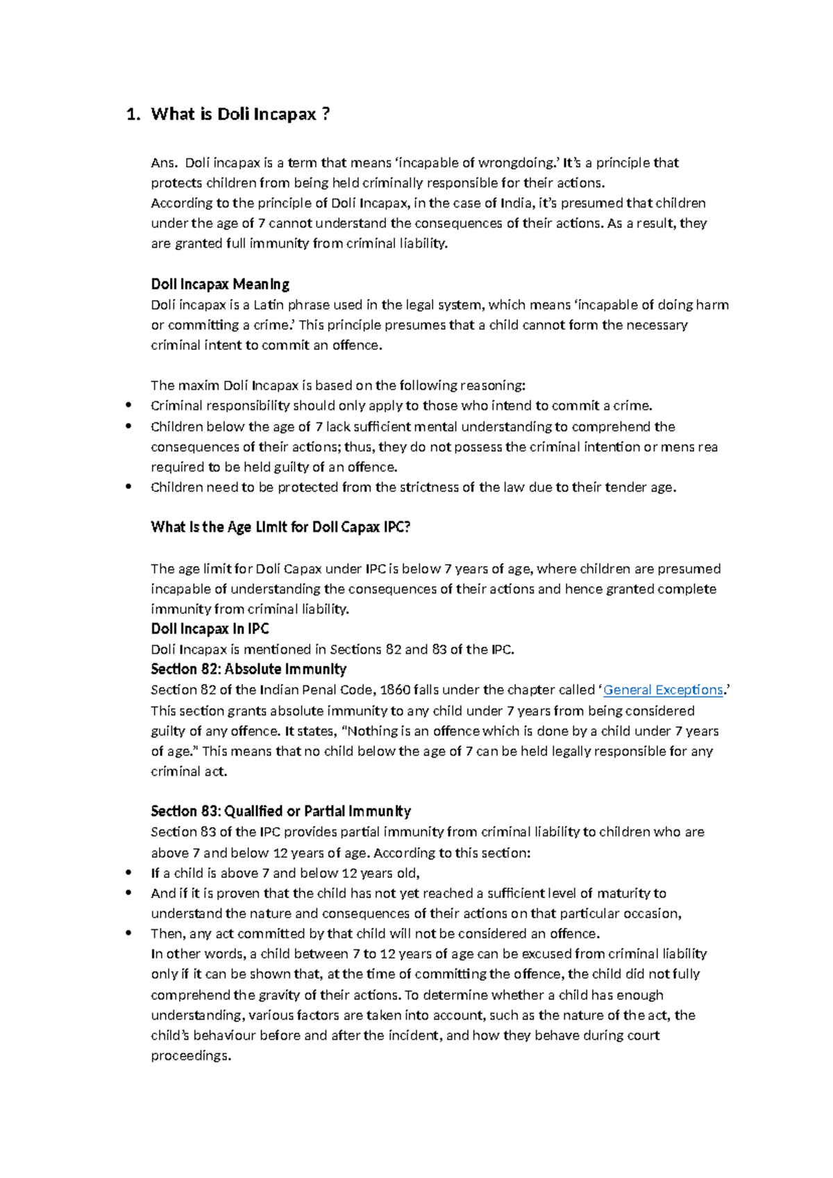 What is Doli Incapax - 1. What is Doli Incapax? Ans. Doli incapax is a ...