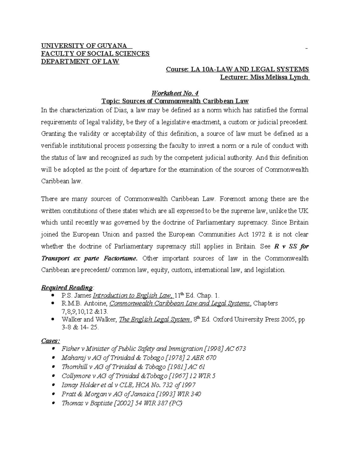 Sources of Law- 4W - Published Copyrighted Worksheet by Professor M ...
