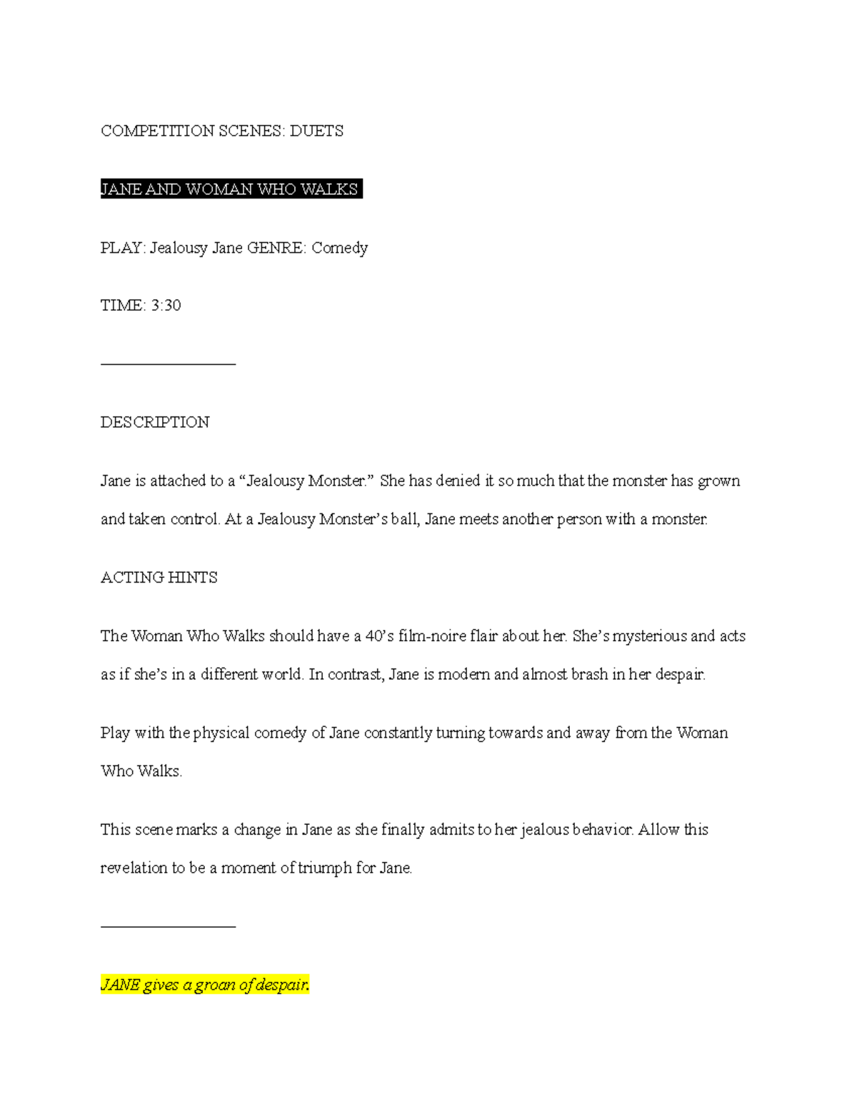 Comedic Scene - COMPETITION SCENES: DUETS JANE AND WOMAN WHO WALKS PLAY ...