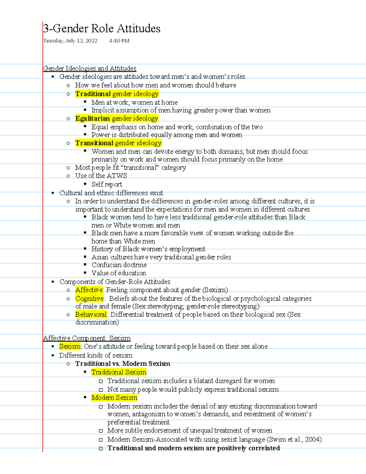 PSYCH 353-Chapter 3 - Gender Ideologies and Attitudes Gender ideologies ...
