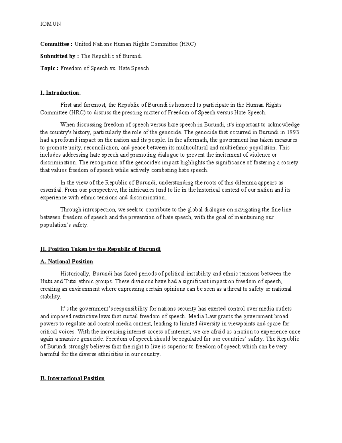 Position paper - IOMUN Committee : United Nations Human Rights ...