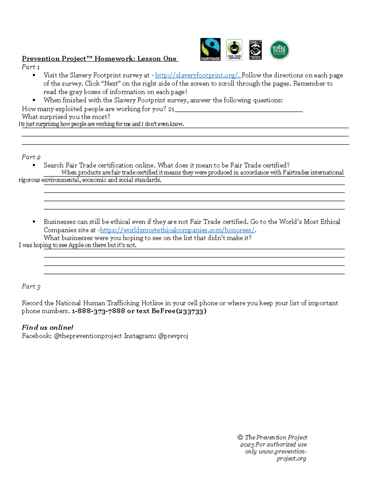 Lesson 1 Homework Sheet for Henrico - Prevention Project™ Homework ...