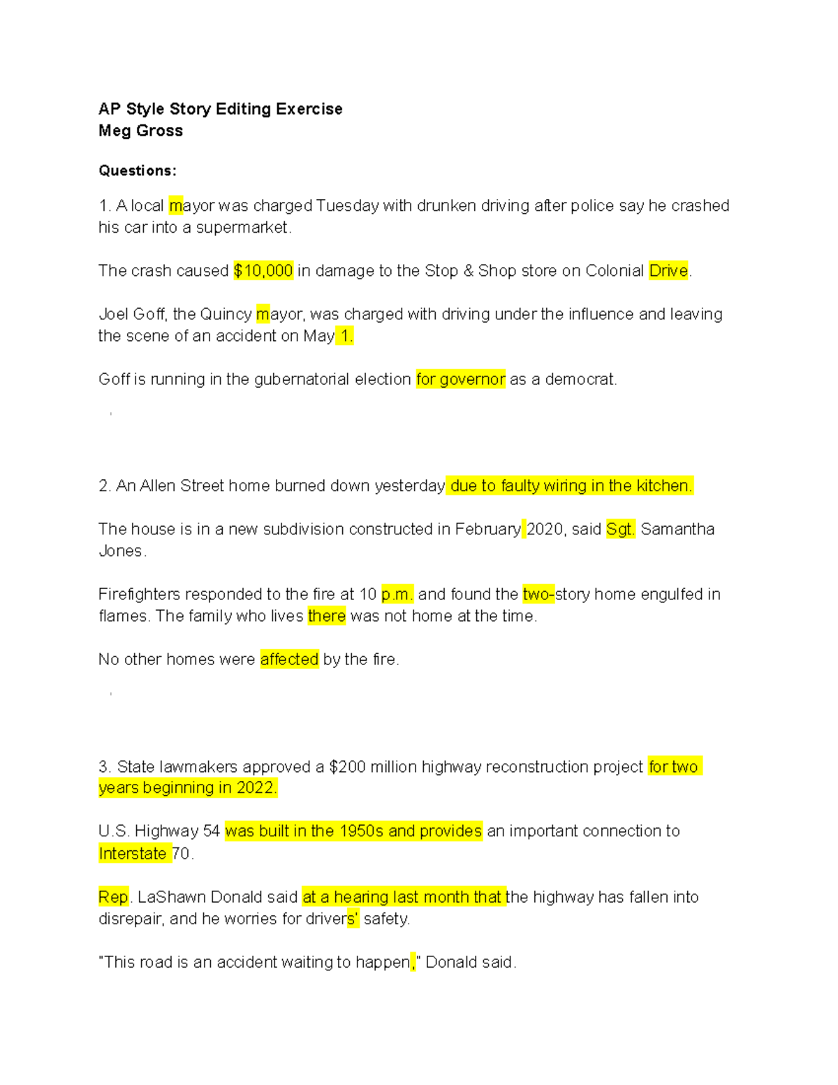 Story Editing Assignment - AP Style Story Editing Exercise Meg Gross ...