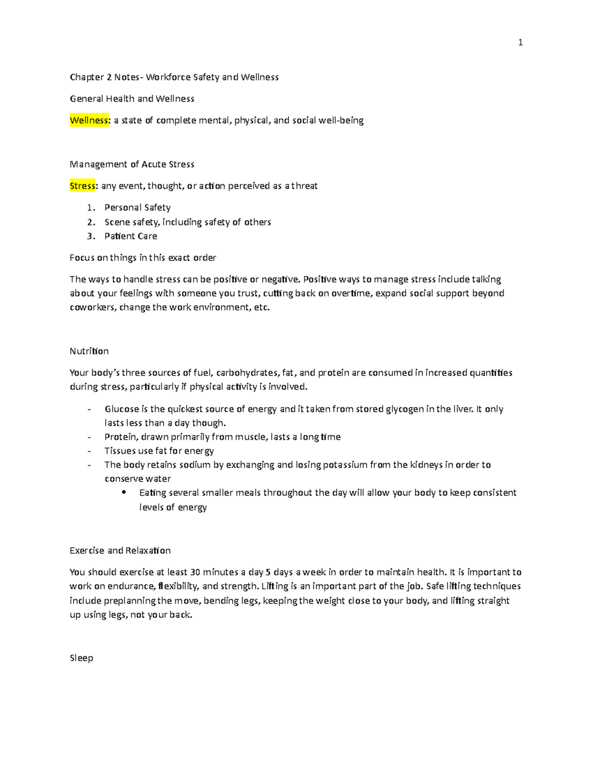 Chapter 2 Workforce Safety and Wellness - Chapter 2 Notes- Workforce ...