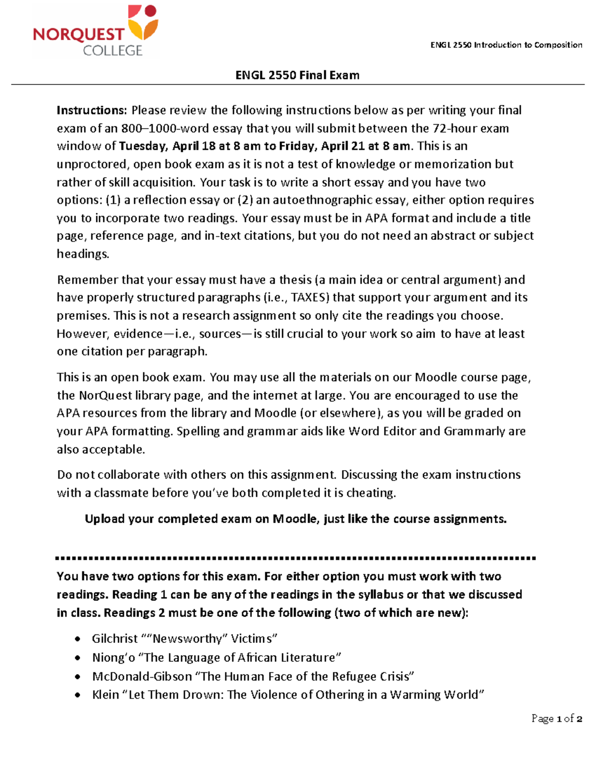 ENGL 2550 Winter Final Exam - ENGL 2550 Introduction to Composition ENGL 2550 Final Exam Page 1 ...