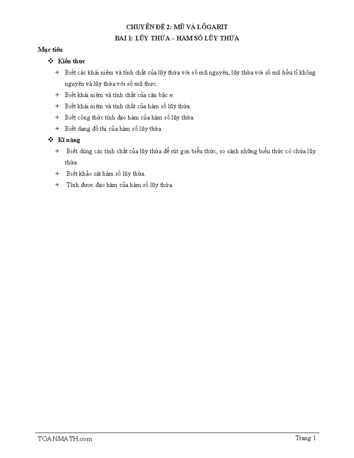 Bai giang luy thua va ham so luy thua - CHUYÊN ĐỀ 2: MŨ VÀ LÔGARIT BÀI 1: LŨY THỪA – HÀM SỐ LŨY ...
