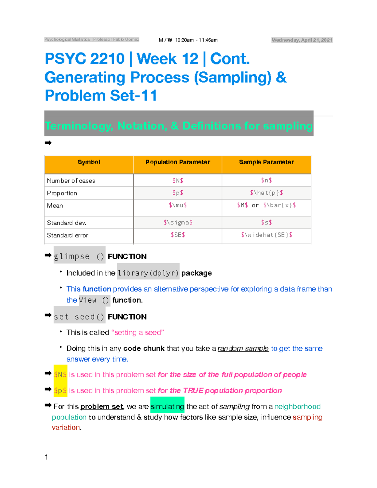 Psyc 2210 Week 12 Wed Lecture Notes Psyc 2210 Week 12 Cont Generating Process