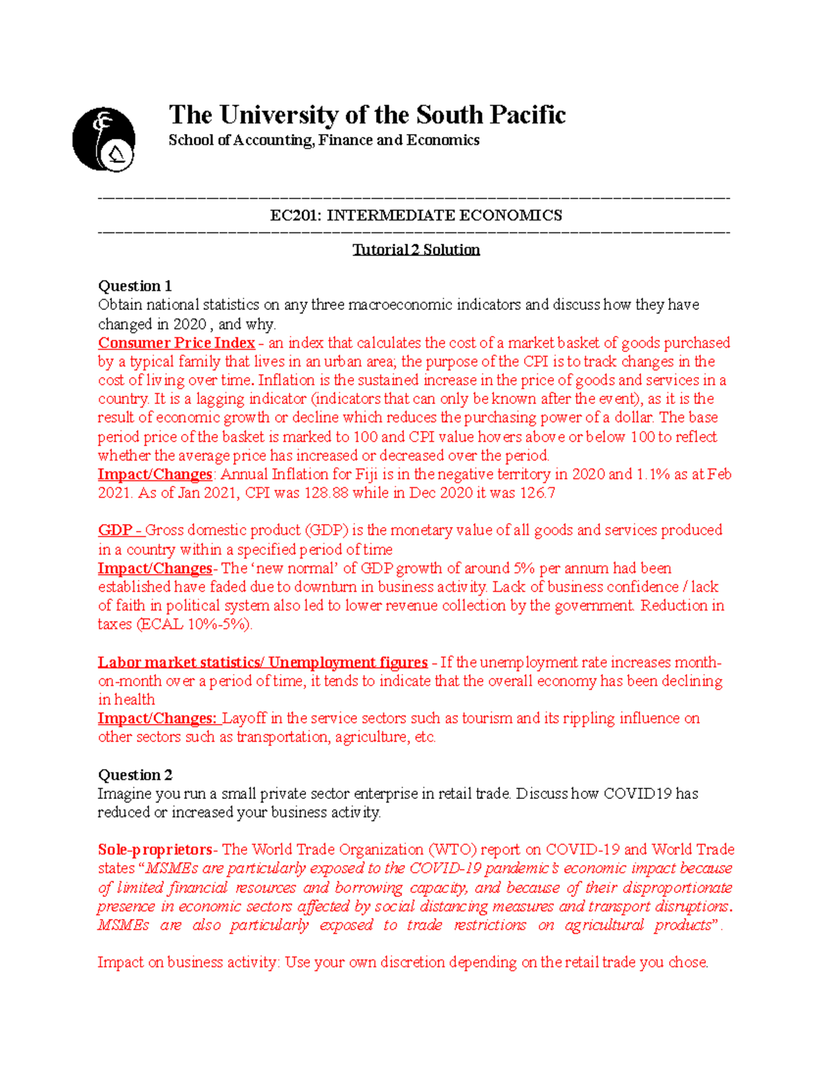 Week 2 Tutorial Solution - The University of the South Pacific School ...