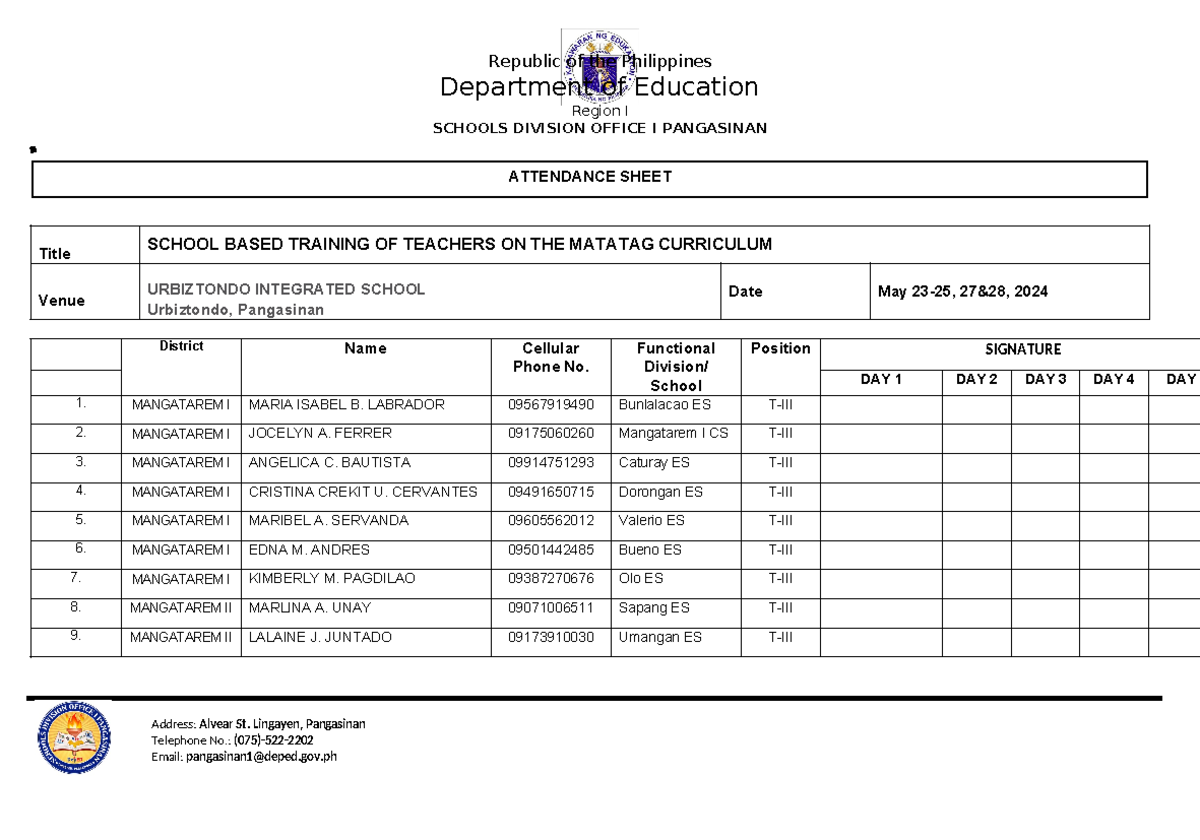 Attendance training 5DAYS DTOT Batch 1 - Republic of the Philippines ...