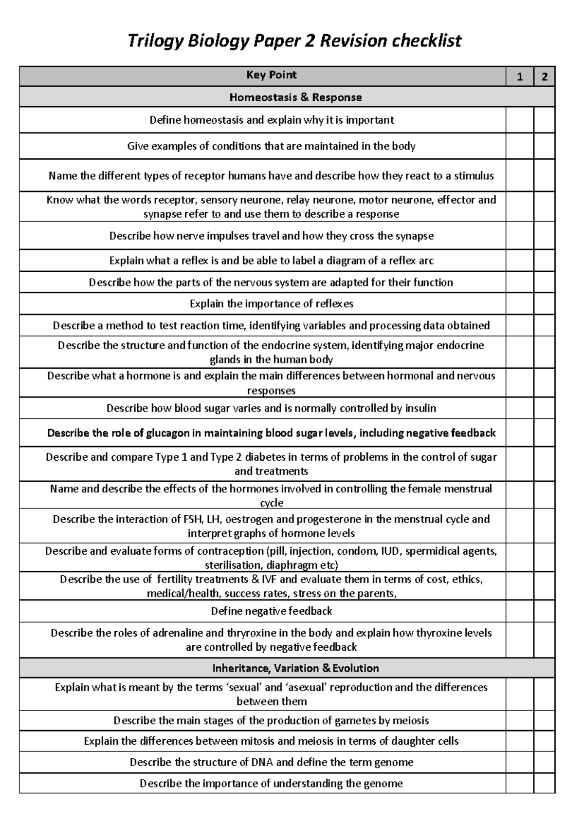 Paper-2-checklist - Ummm - Trilogy Biology Paper 2 Revision checklist ...