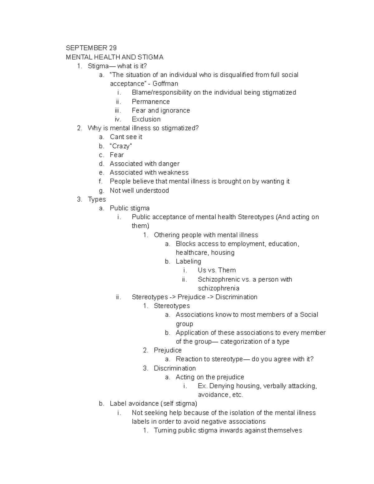 Mental Health Stigma Notes - SEPTEMBER 29 MENTAL HEALTH AND STIGMA ...