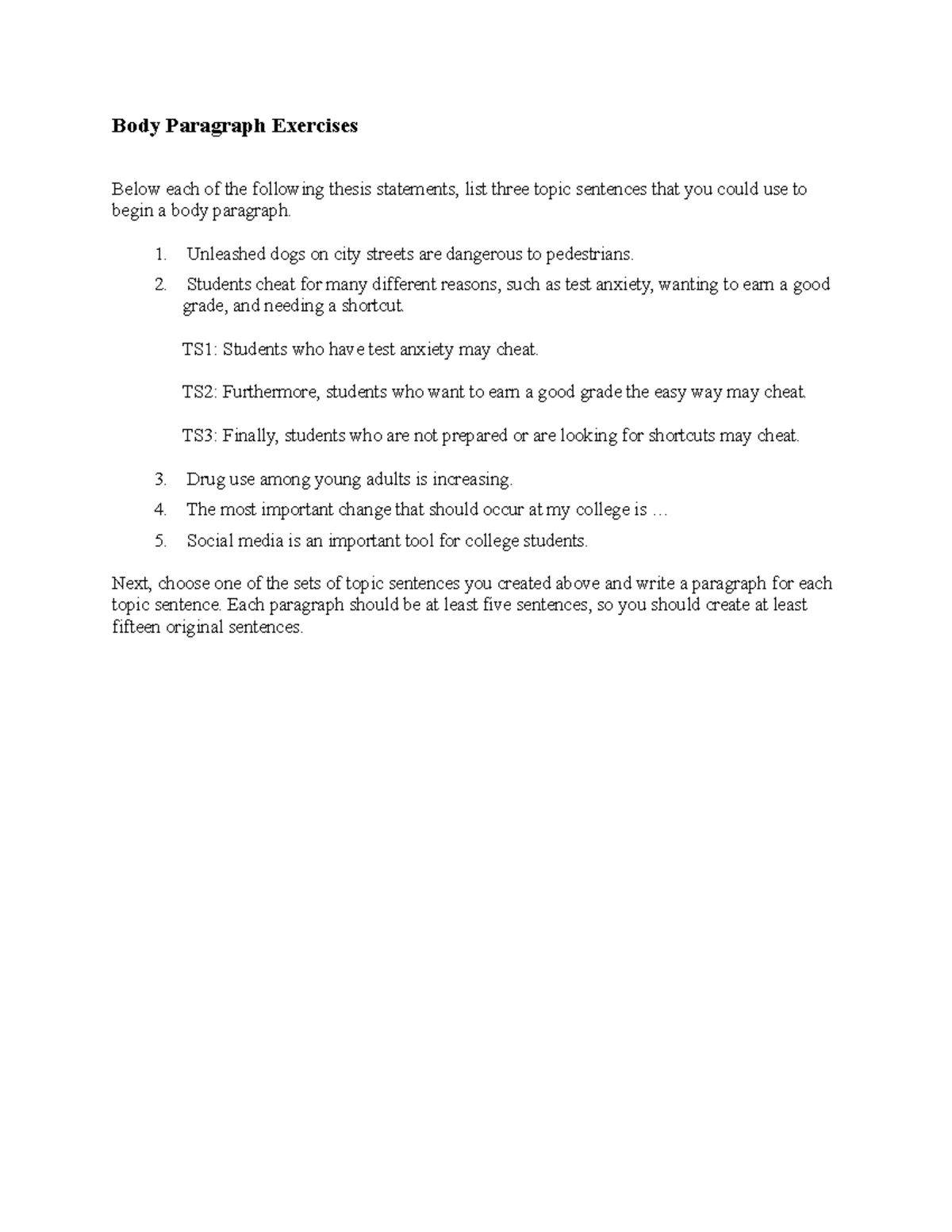 ENG010ABody Paragraph Exercises (18) - Body Paragraph Exercises Below ...