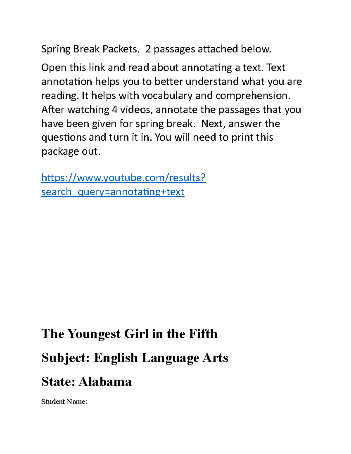 Online Spring Break Packets - Spring Break Packets. 2 passages attached ...