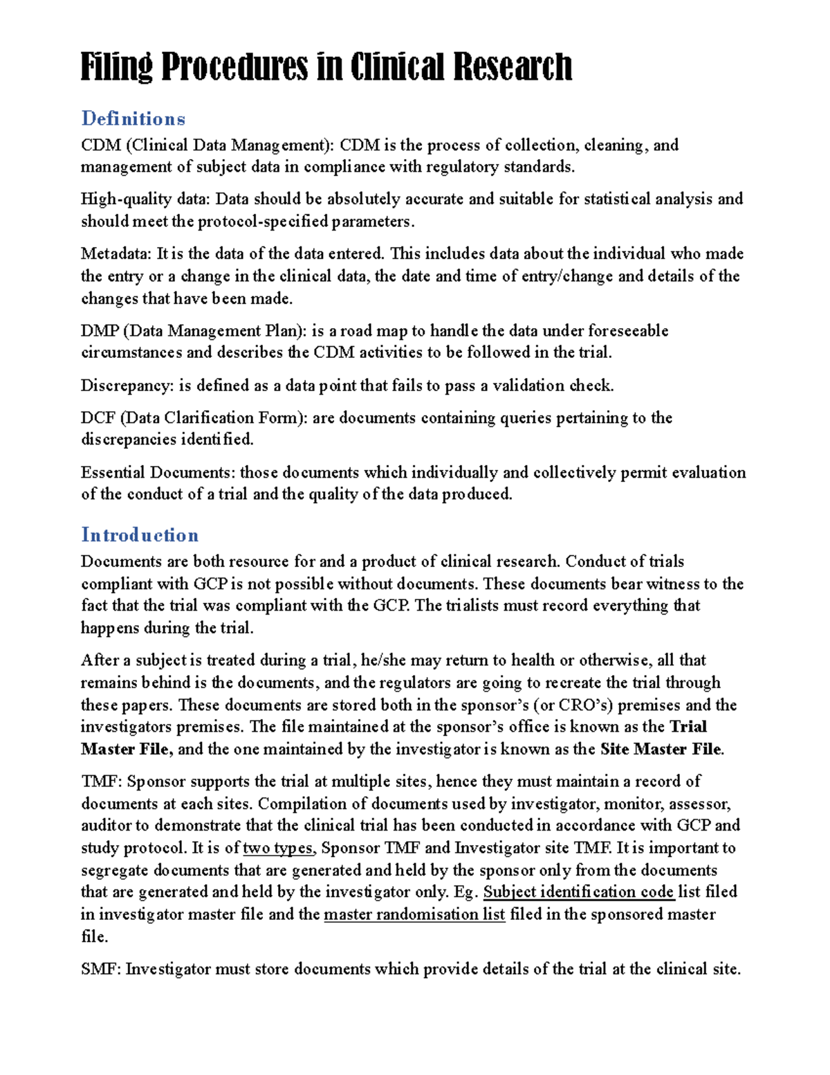 Filing Procedures in Clinical Research final - Filing Procedures in ...