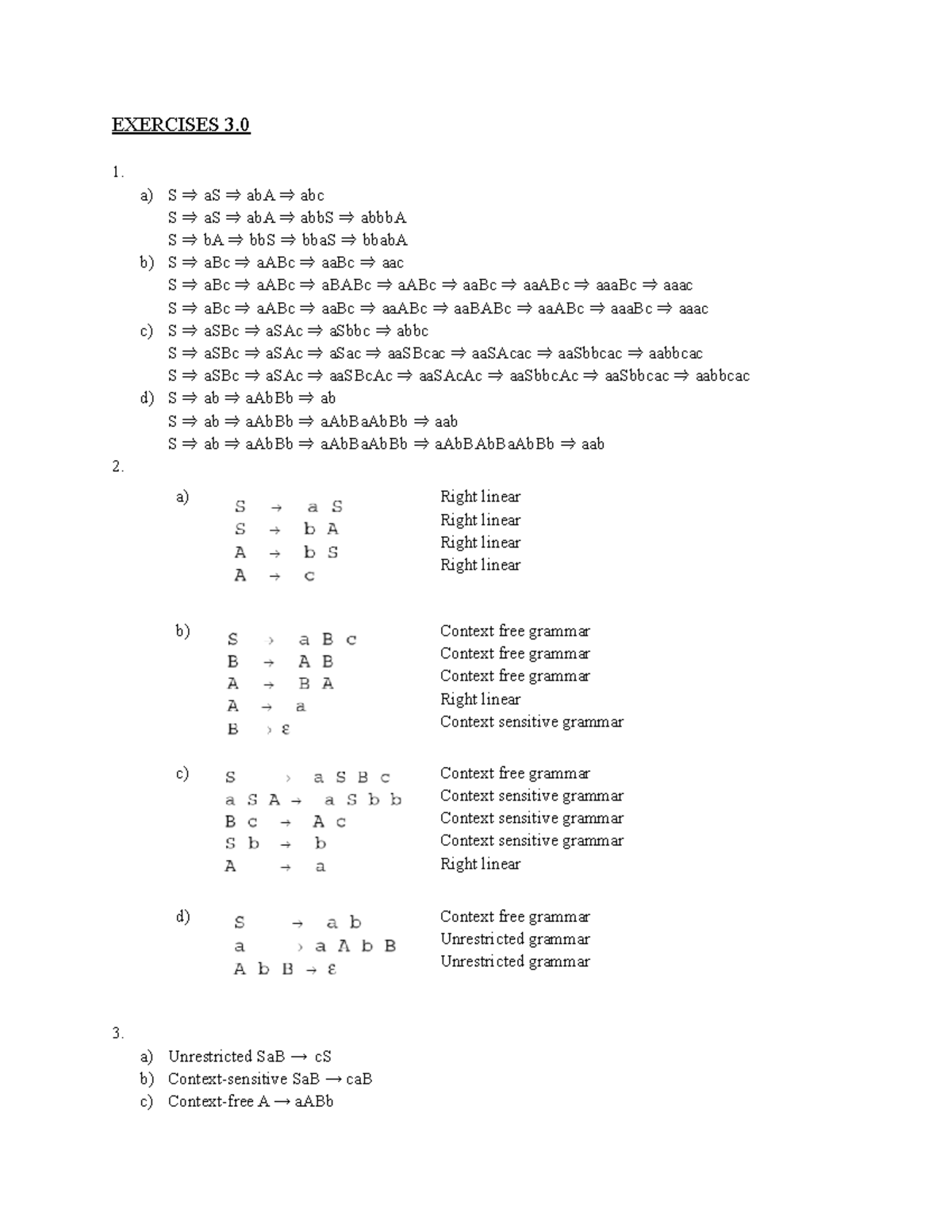 CSC 569 Exercises 3.0 - EXERCISES 3. 1. a) S ⇒ aS ⇒ abA ⇒ abc S ⇒ aS ⇒ abA ⇒ abbS ⇒ abbbA S ⇒ bA ...
