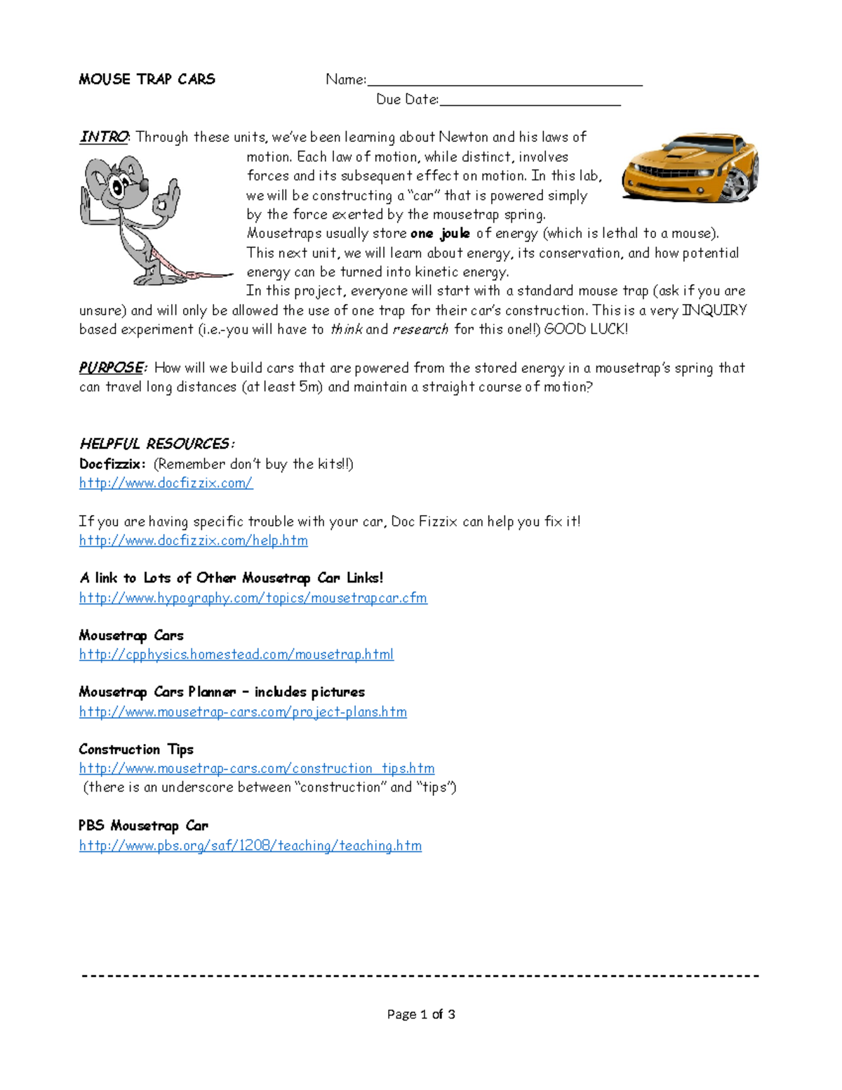 Mouse+Trap+Car+Project+Packet - MOUSE TRAP CARS Name ...