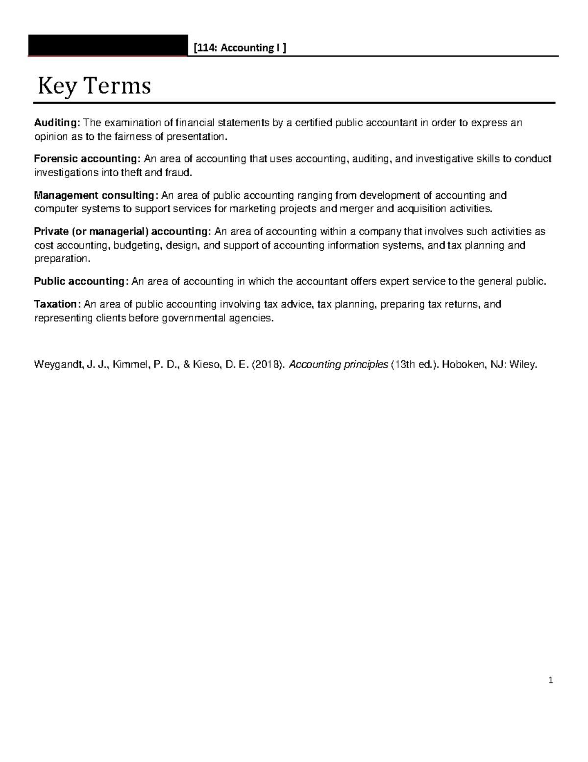 ACC114 Unit key terms - key vocabulary words - Key Terms Auditing: The ...