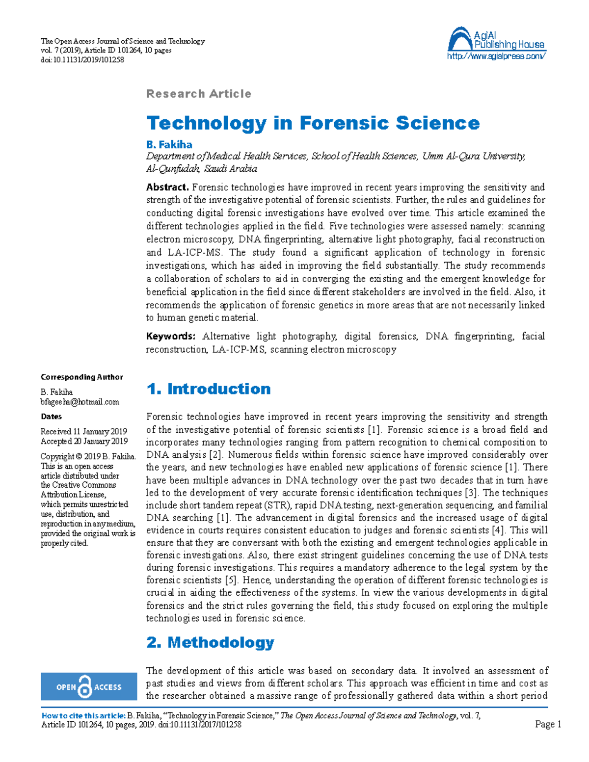 Technology in forensic science - How to cite this article: B. Fakiha ...