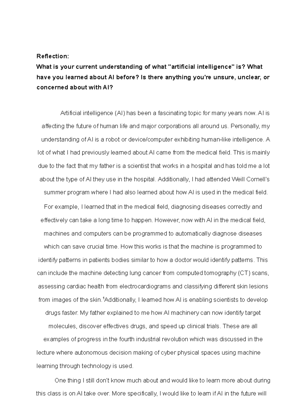 AI Reflection 1 - Reflection: What is your current understanding of ...