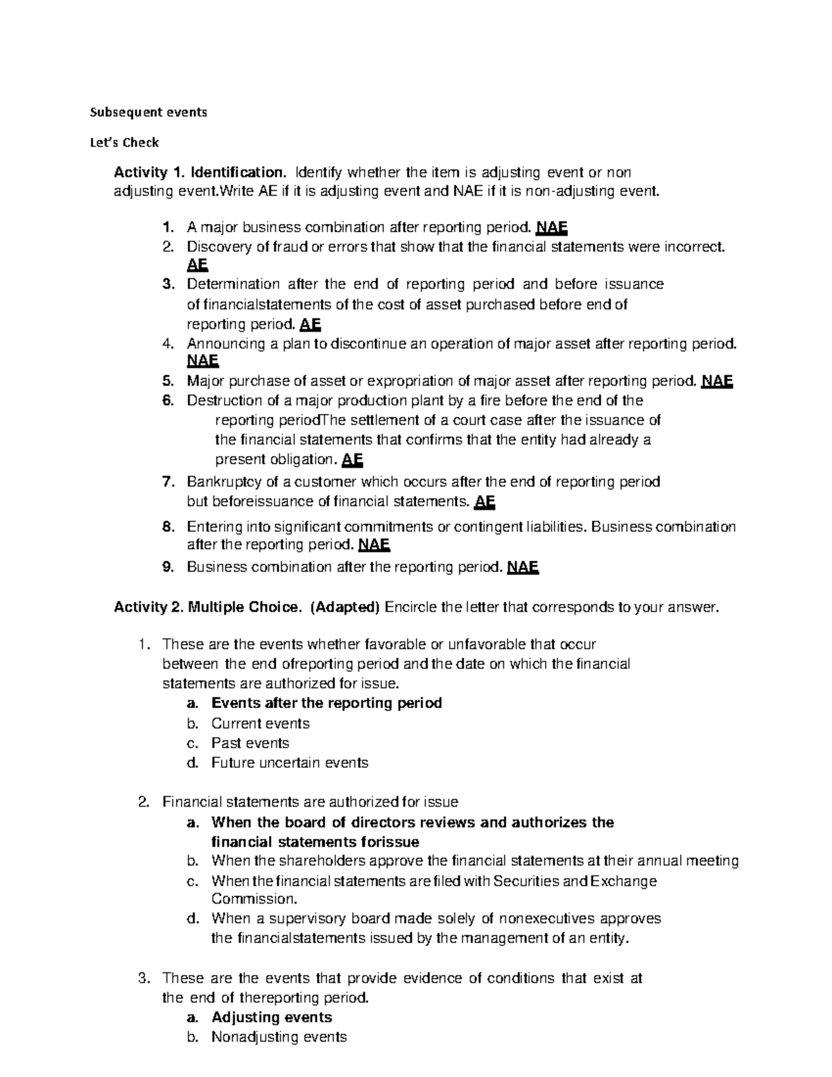 Subsequent events Answer key - Subsequent events Let’s Check Activity 1 ...