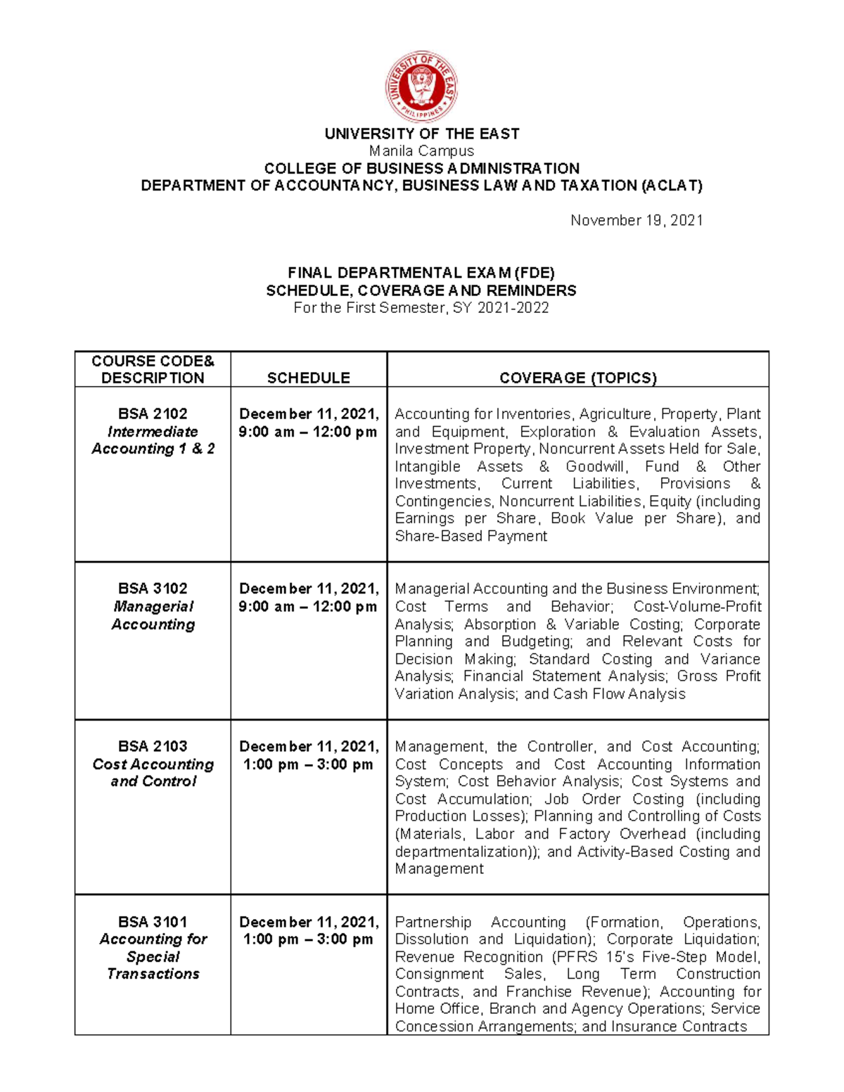 Final Departmental Exam Schedule Coverage and Reminders - S12122 ...