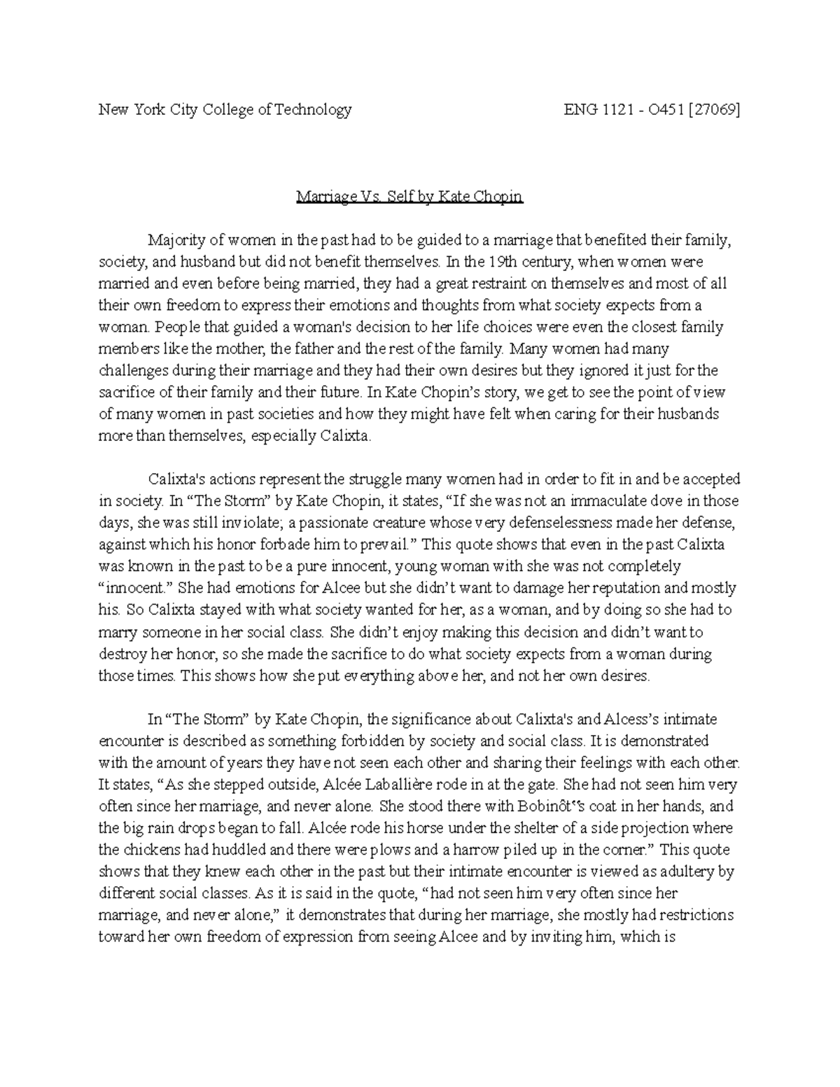 ENG 1121 - Marriage Vs. Self-Kate Chopin - New York City College of ...