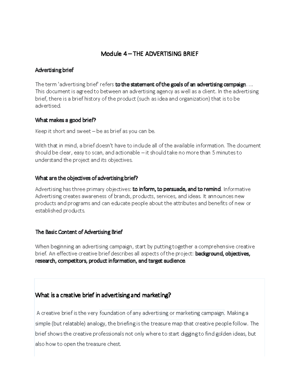 Module 4-12 - Module 4 – THE ADVERTISING BRIEF Advertising brief The ...